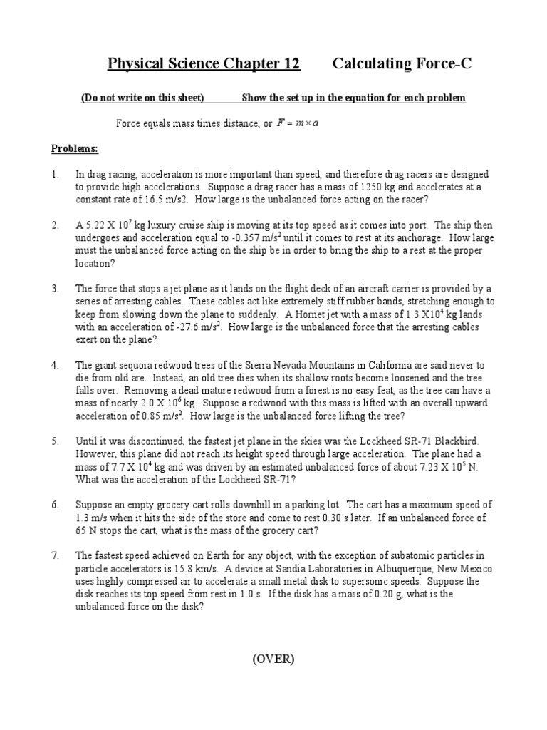 Force Calculation Worksheet-C | PDF | Force | Mass