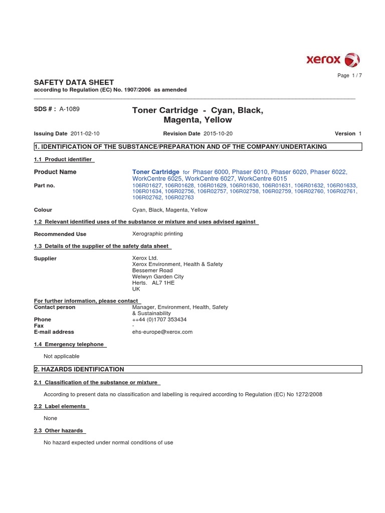 Safety Data Sheet for Toner Cartridges Used in Xerox Printers | PDF ...