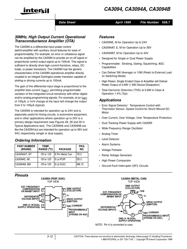 Ca3094, Ca3094A, Ca3094B: 30Mhz, High Output Current Operational ...