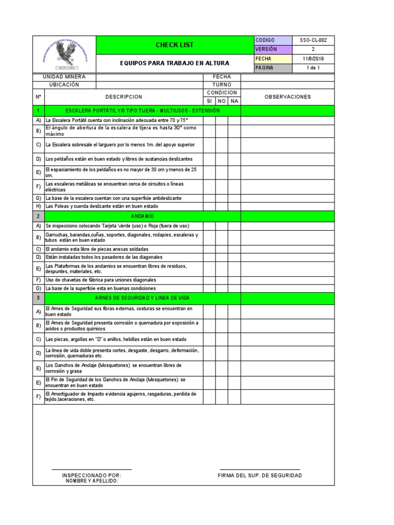 Sso-Cl-002 Check List Trabajo en Altura | PDF