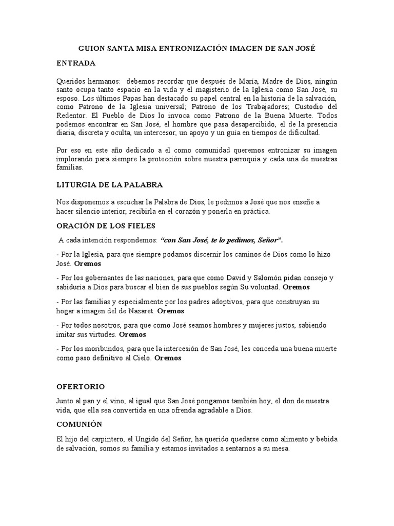 Guion Santa Misa Entronización Imagen de San José | PDF