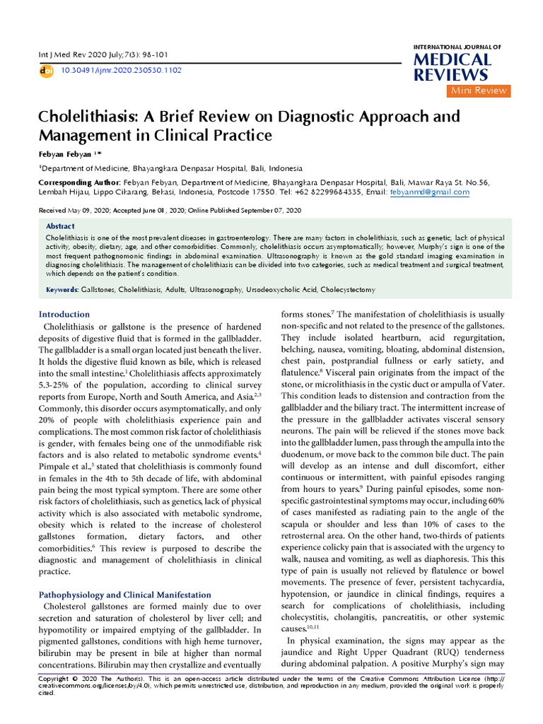 Cholelithiasis: A Brief Review On Diagnostic Approach and Management in ...