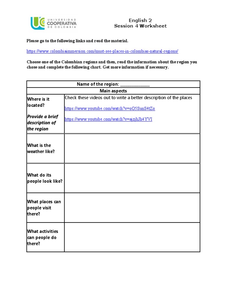 English 2 - Colombian Region Worksheet | PDF