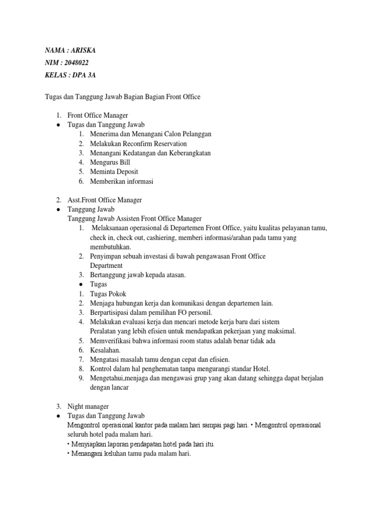 Tugas Ariska Tugas Dan Tanggung Jawab Dari Bagian Front Office | PDF