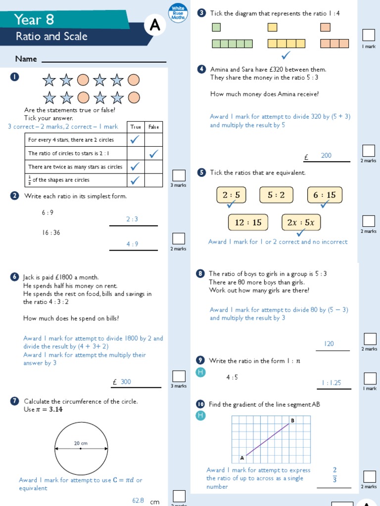 Year 8 - Autumn 1 - Ratio and Scale Mini Assessment - Answers A | PDF ...