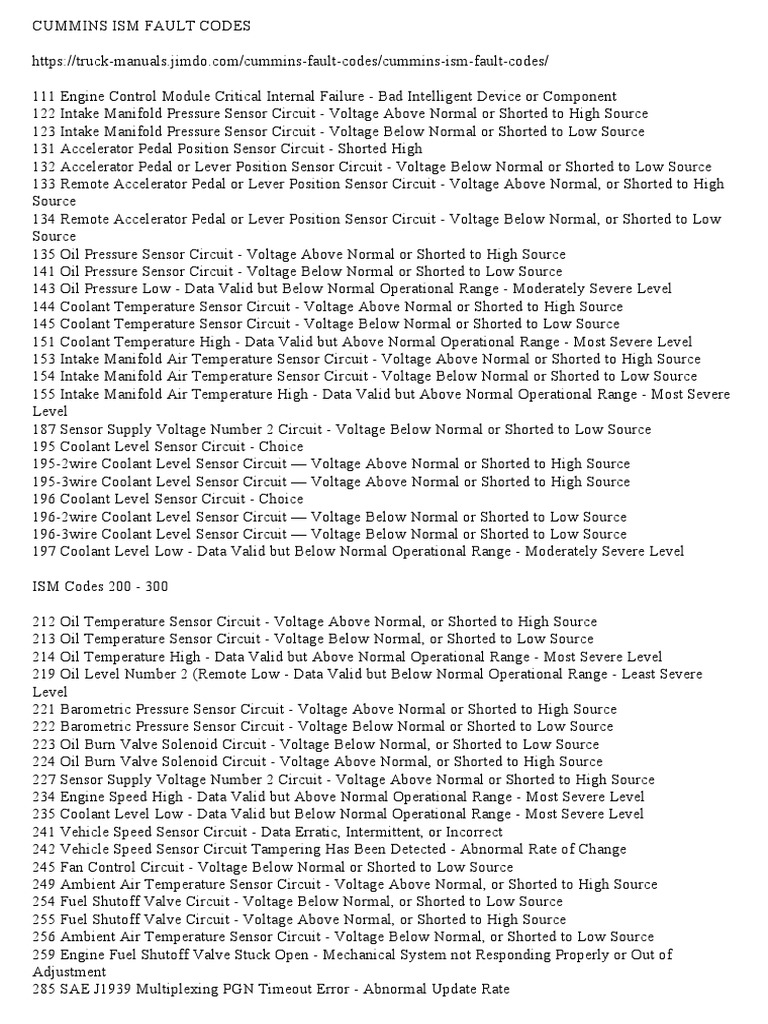 Cummins ISM Fault Codes Overview | PDF | Throttle | Turbocharger