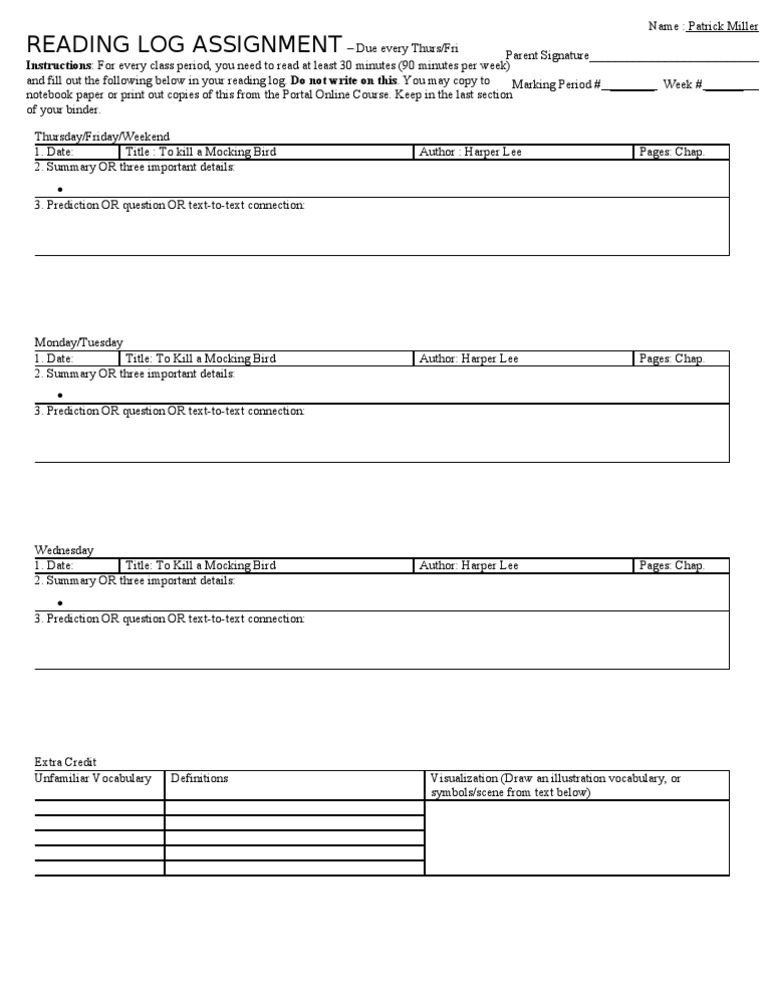 Weekly Reading Log Assignment | PDF