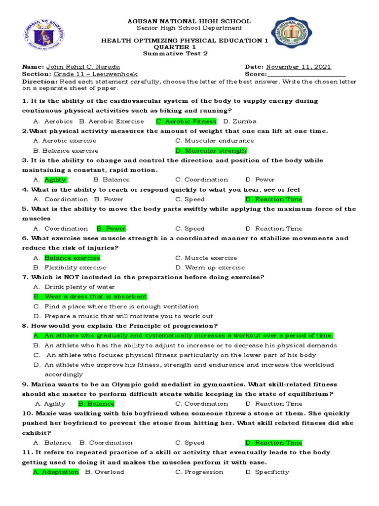 Hope 1 2nd Summative Test | PDF | Physical Fitness | Strength Training