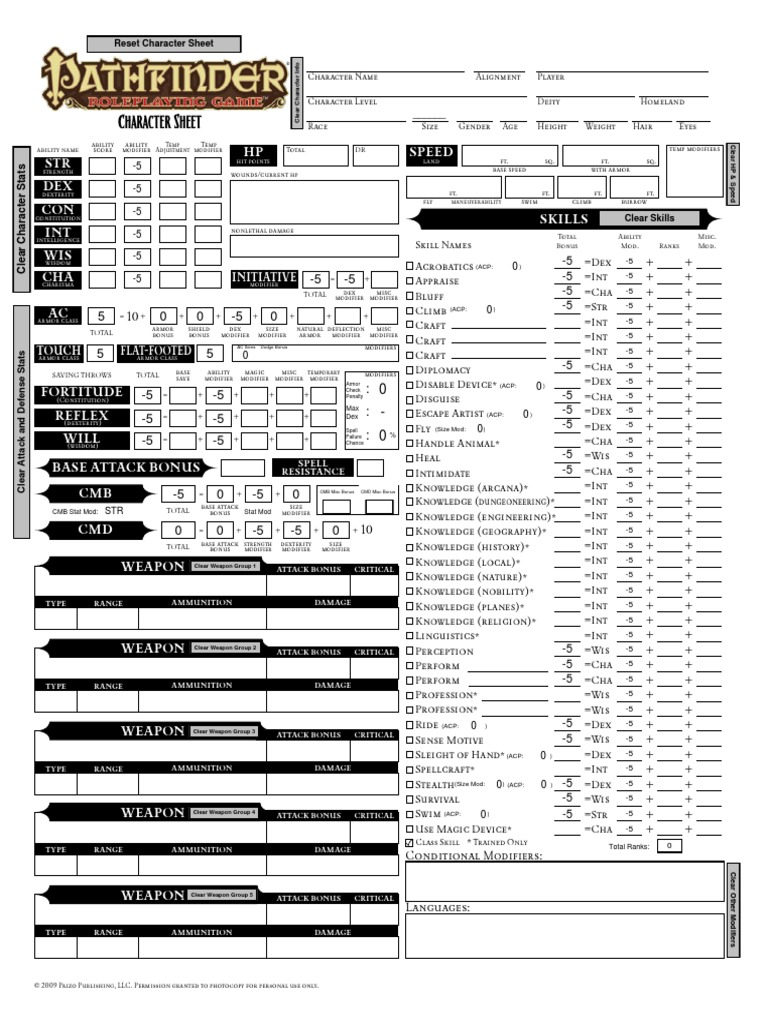 Pathfinder Simple Fillable Character Sheet | PDF | Role Playing ...