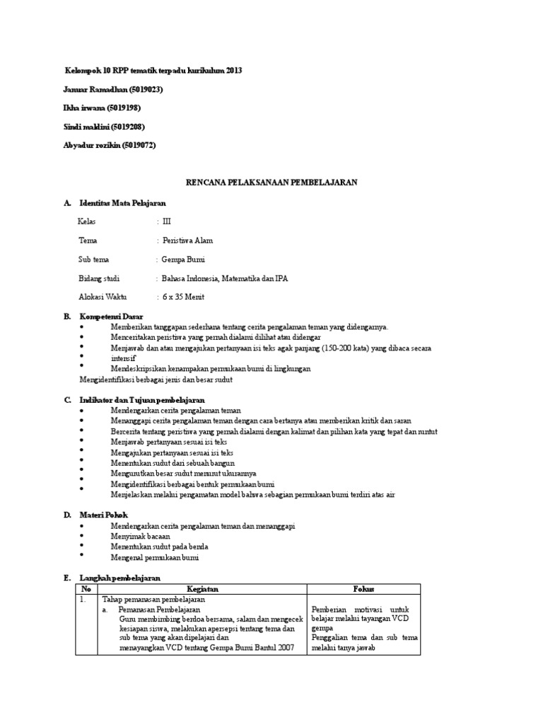 Contoh RPP Tematik Di SD Kelas Rendah | PDF | Seni & Disiplin Bahasa