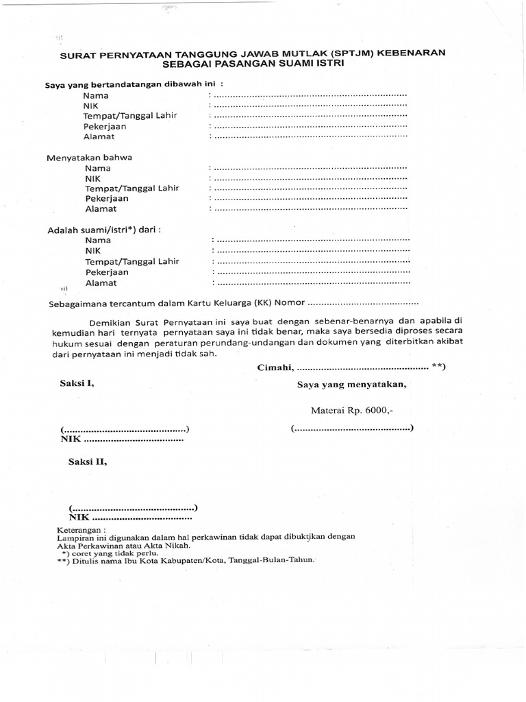 Formulir SPTJM Suami Istri, Untuk Pengajuan Akta Perkawinan Atau ...