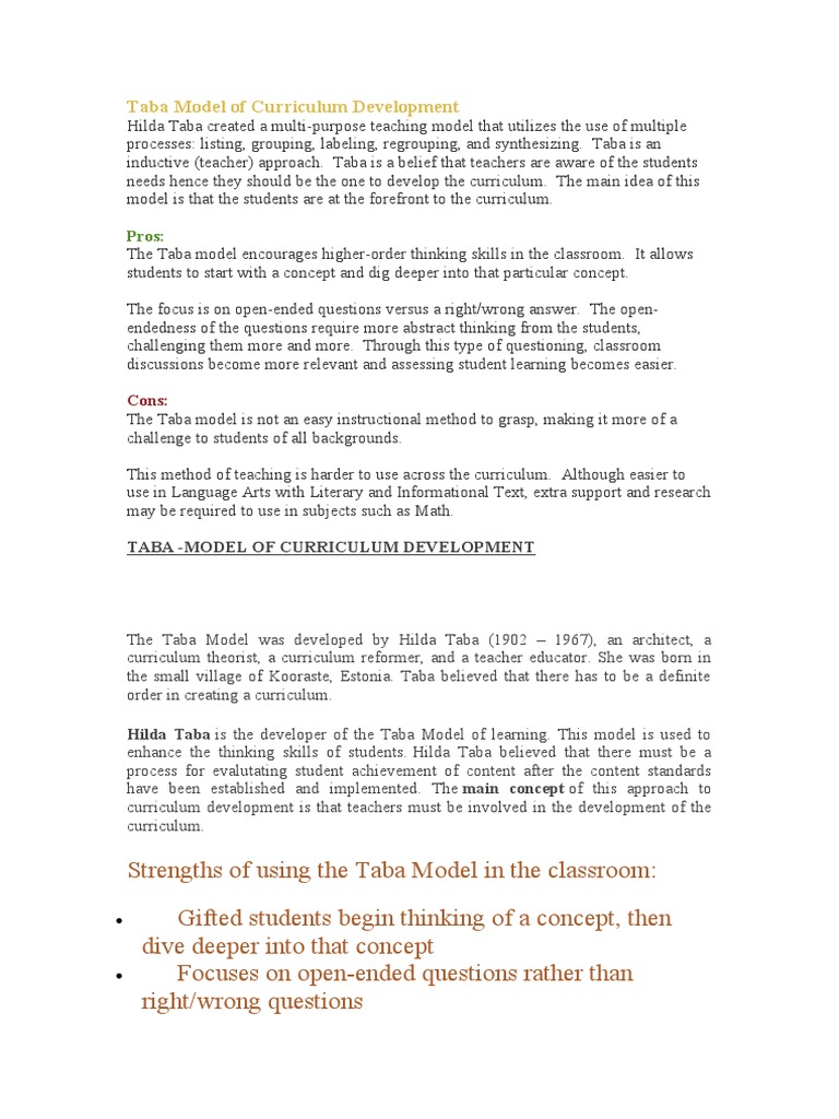 Taba Model of Curriculum Development | PDF | Curriculum | Learning