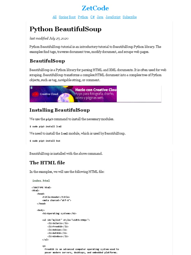 Python BeautifulSoup Tutorial | PDF | Html Element | Html