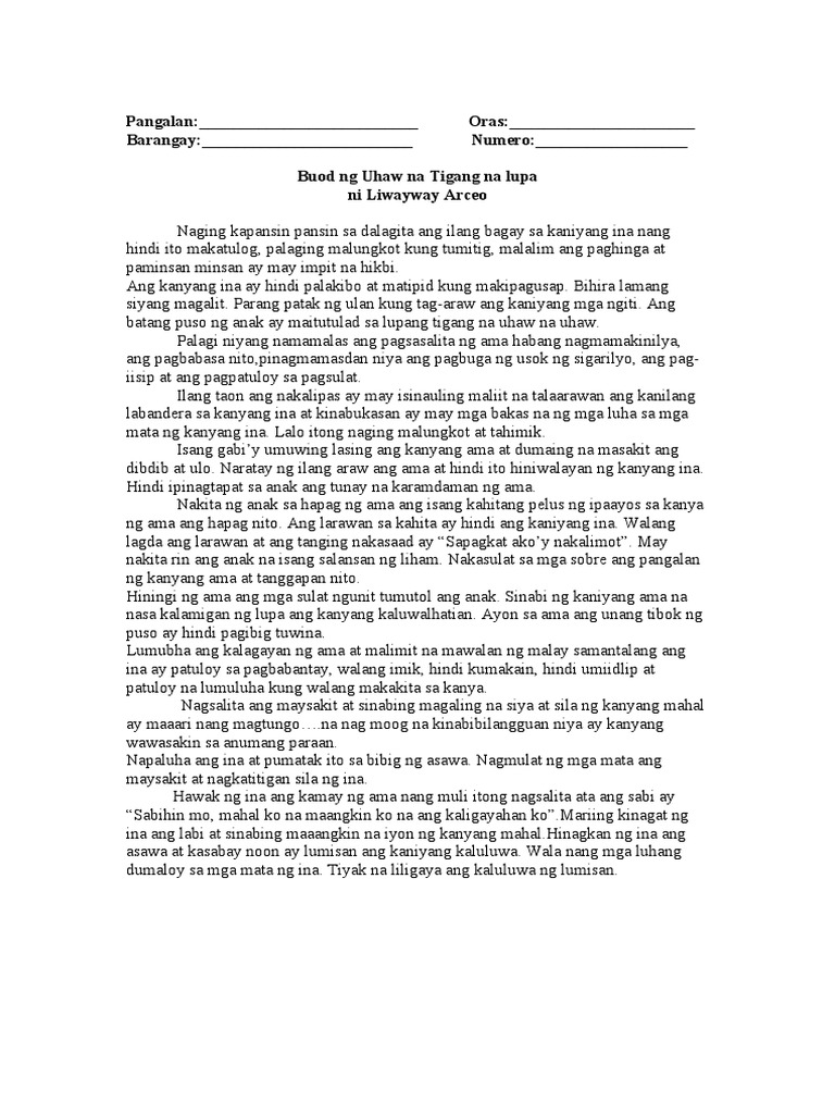 Buod NG Uhaw Na Tigang Na Lupa Final | PDF