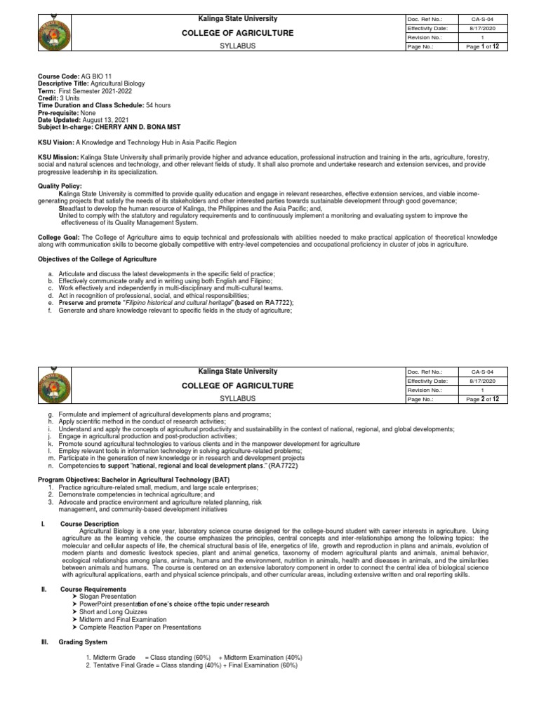 Syllabus AGRICULTURAL BIOLOGY 2021 | PDF | Cell (Biology) | Soil