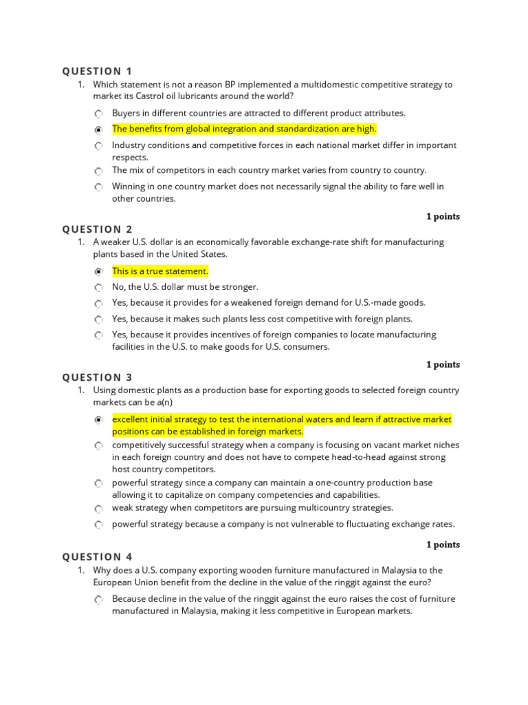 Global Business Strategy Quiz | PDF | Market (Economics) | Exchange Rate