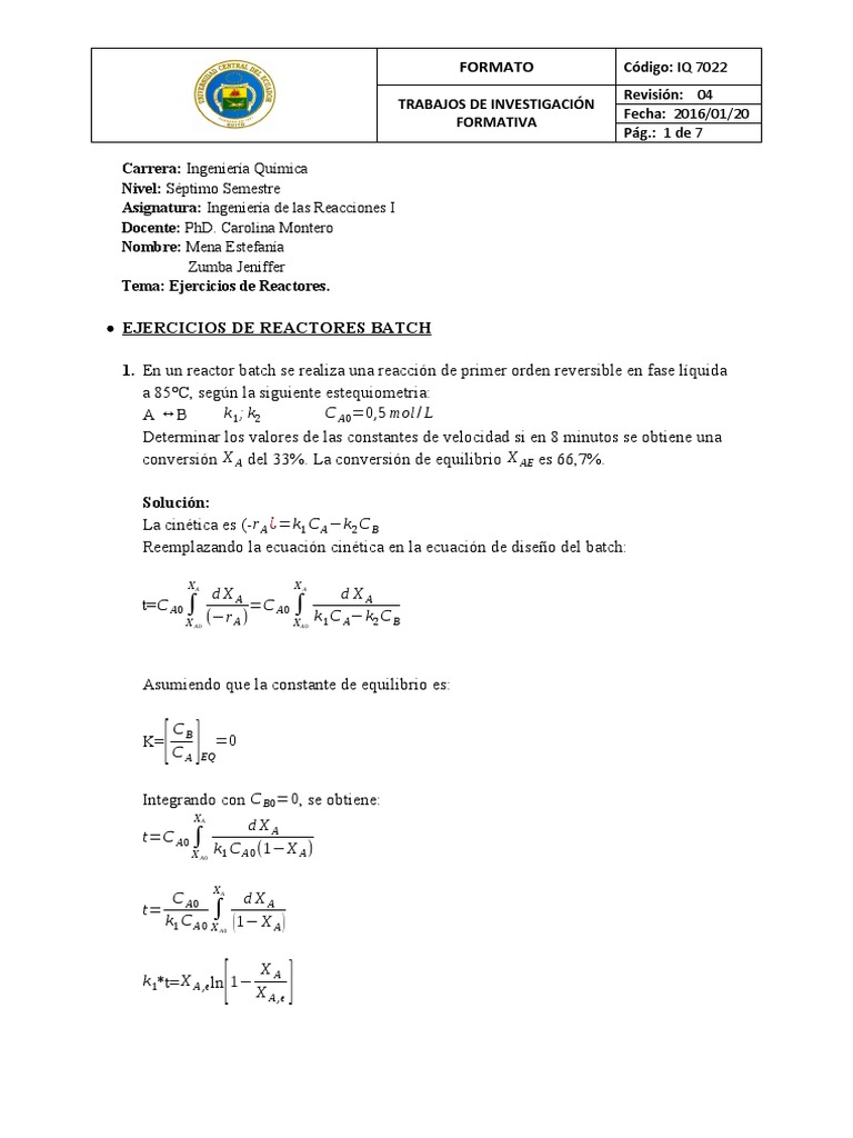 2 Ejercicios de Reactores Batch | PDF | Reactor Quimico | Velocidad de reacción