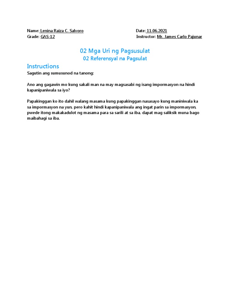 02 Referensyal Na Pagsulat - Lenina Raiza Salvoro | PDF