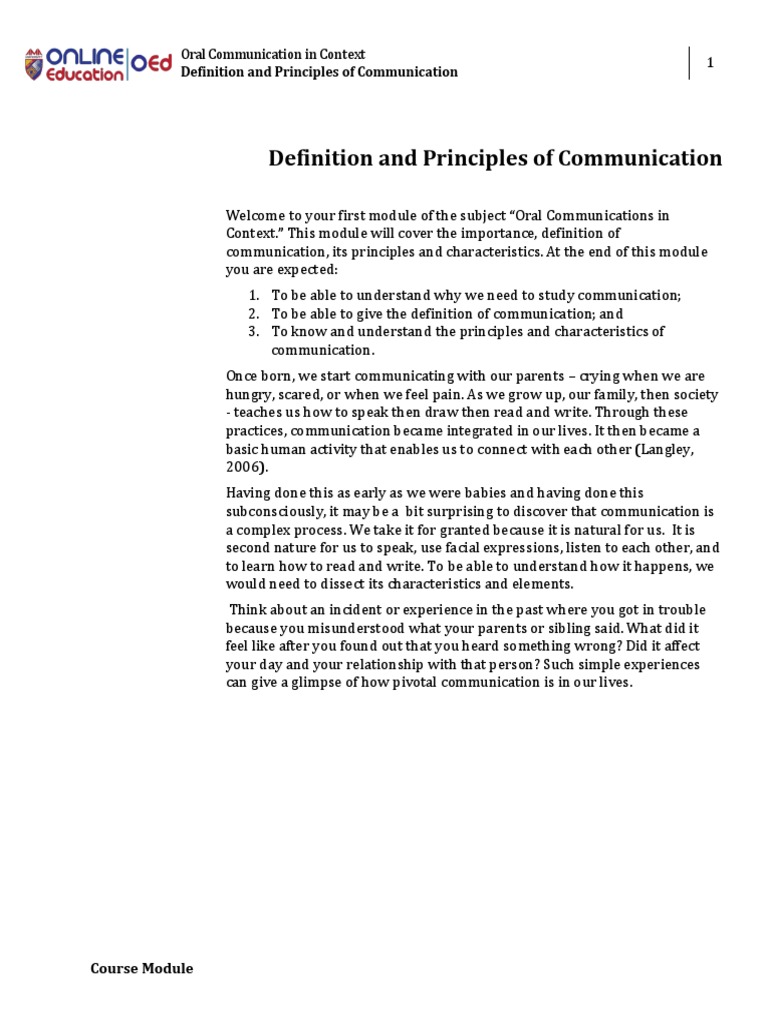Defining Communication: A Foundation for Understanding Oral ...