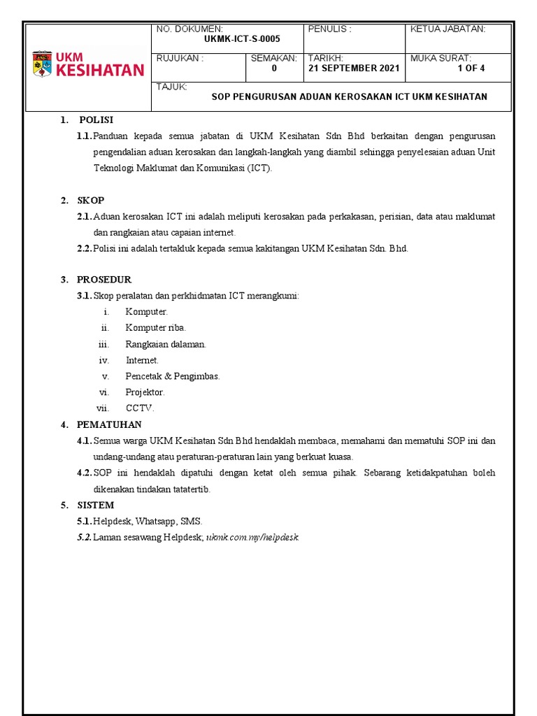 SOP Pengurusan Aduan Kerosakan ICT | PDF