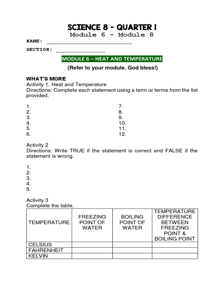 Module 6 - Module 8: Science 8 - Quarter 1 | PDF | Temperature | Fahrenheit