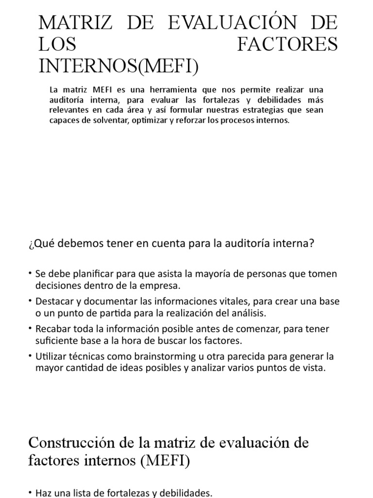 Matriz de Evaluación de Los Factores Internos (Mefi) | PDF | Evaluación | Información