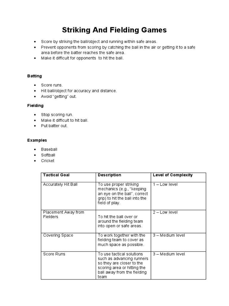 Examples of Striking and Fielding Games | PDF | Batting (Baseball ...