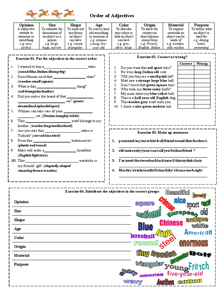 Order of Adjectives: Opinion Size Shape Age Color Origin Material ...