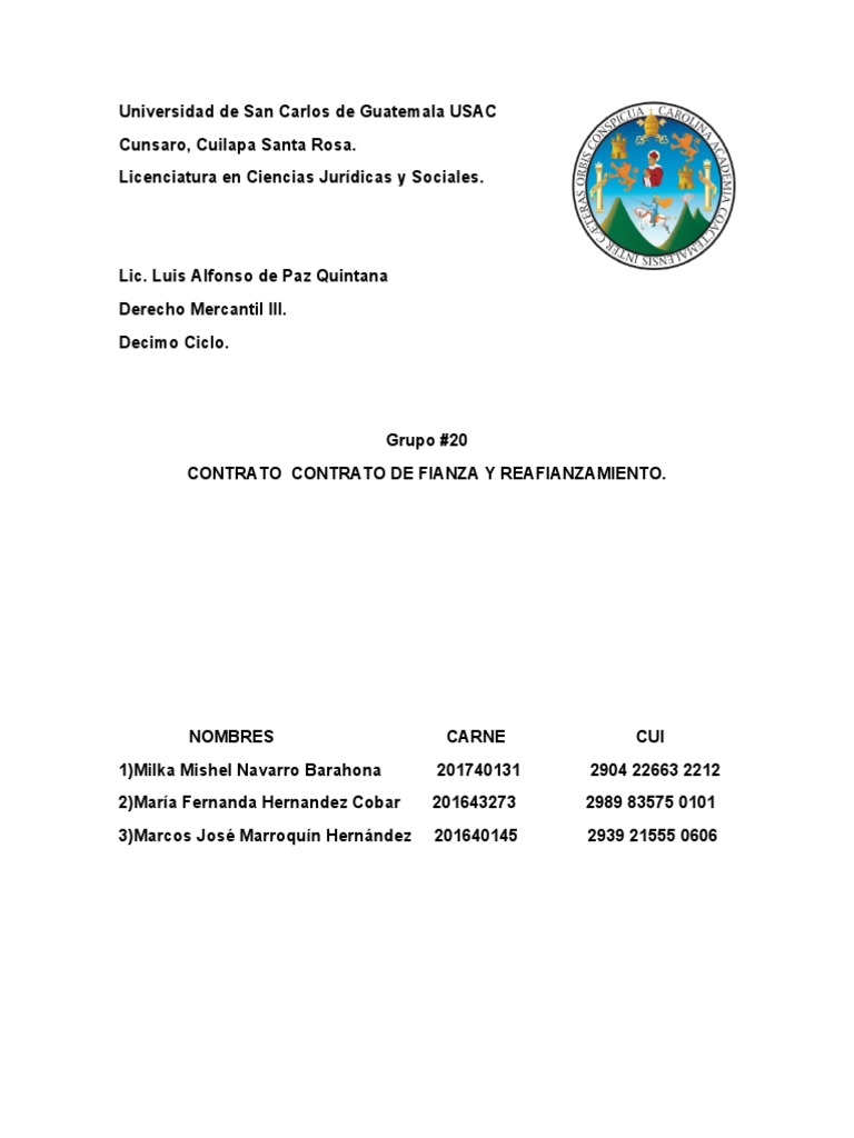 Grupo #20. Contrato de Fianza y Reafianzamiento | PDF | Pagos | Póliza de seguros