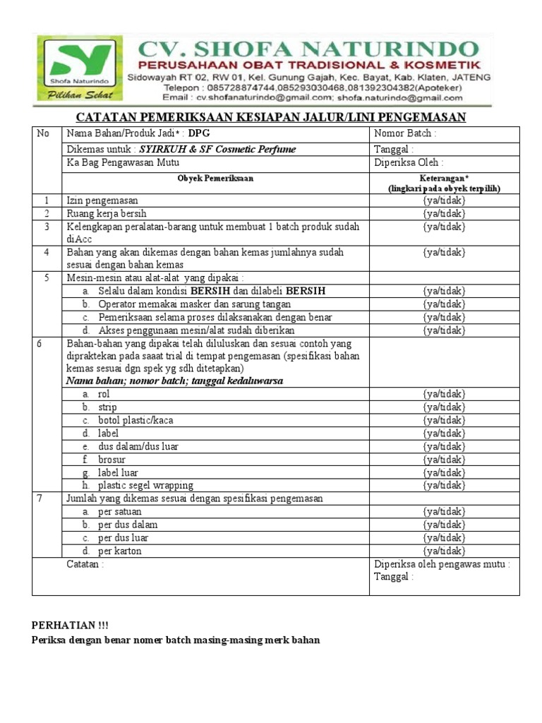 CATATAN PEMERIKSAAN KESIAPAN JALUR Pengemasan | PDF