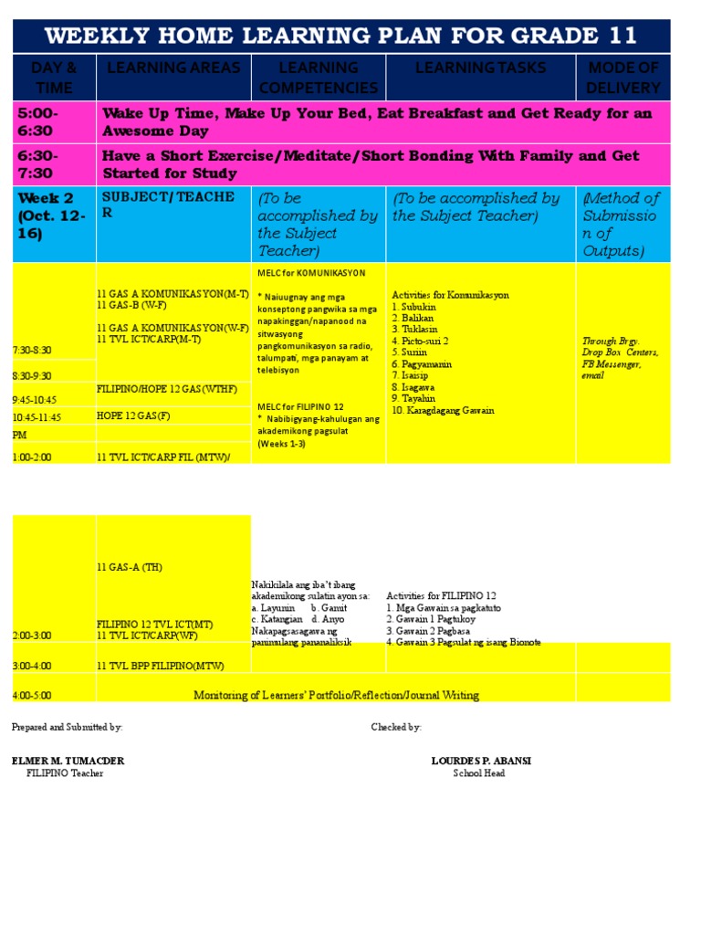 Grade 11 Weekly Learning Plan | PDF | Learning