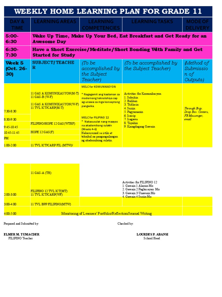 Weekly Home Learning Plan For Grade 11: Day & Time Learning Areas Learning Competencies Learning ...