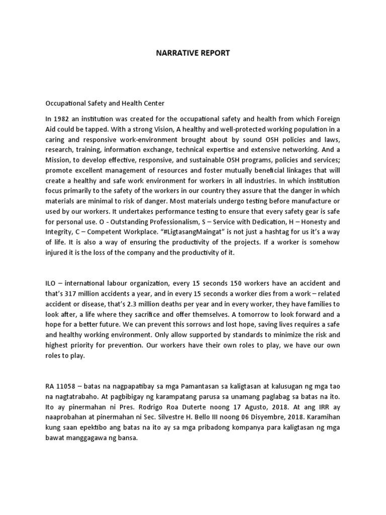 Narrative Report | PDF | Occupational Safety And Health | Health Care