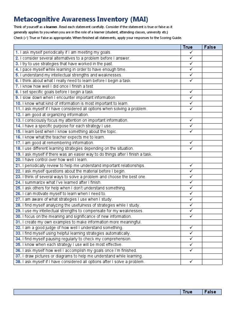 Metacognitive Awareness Inventory (MAI) : True False | PDF | Reading ...