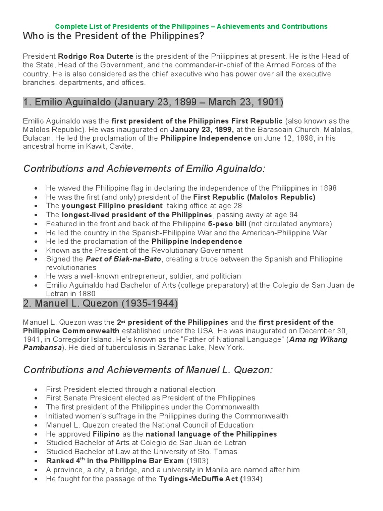 Philippine Presidents: Achievements | PDF | President Of The ...