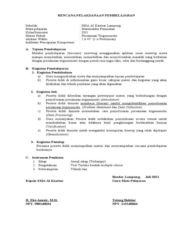 RPP (1 Halaman) Matematika Minat Kelas XI | PDF