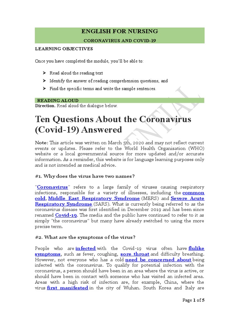 Students Worksheet 9 English For Nursing - Corona Virus Covid-19 | PDF ...