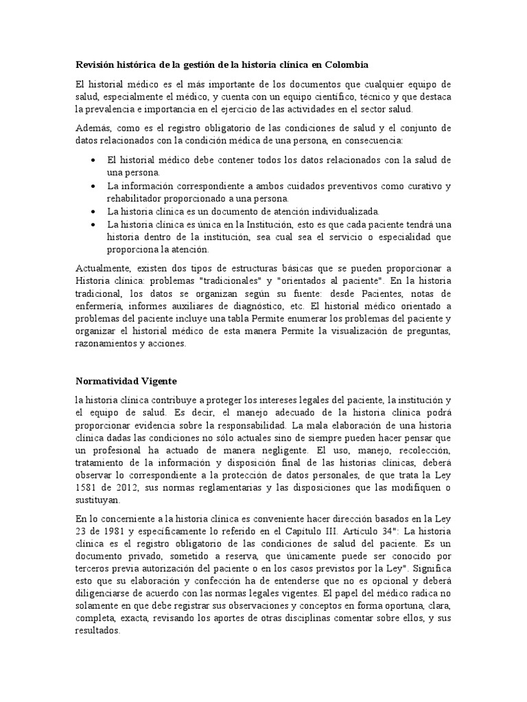 Gestión de Historia Clínica en Colombia | PDF | Historial médico | Medicina