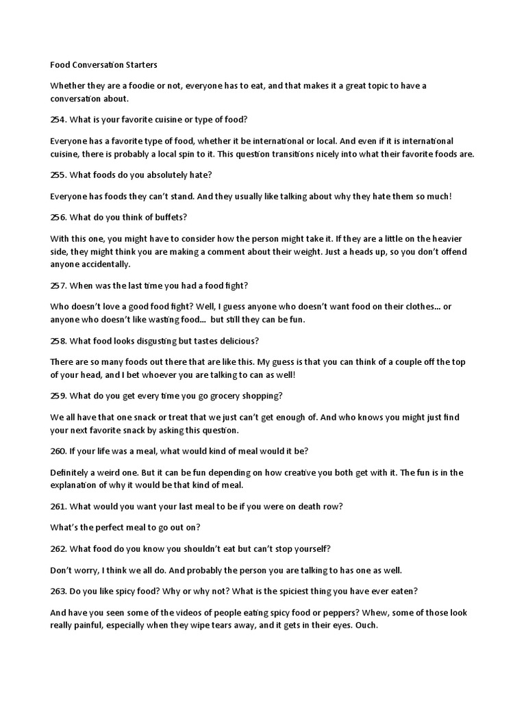 Food Conversation Starters | Download Free PDF | Foods | Food And Drink