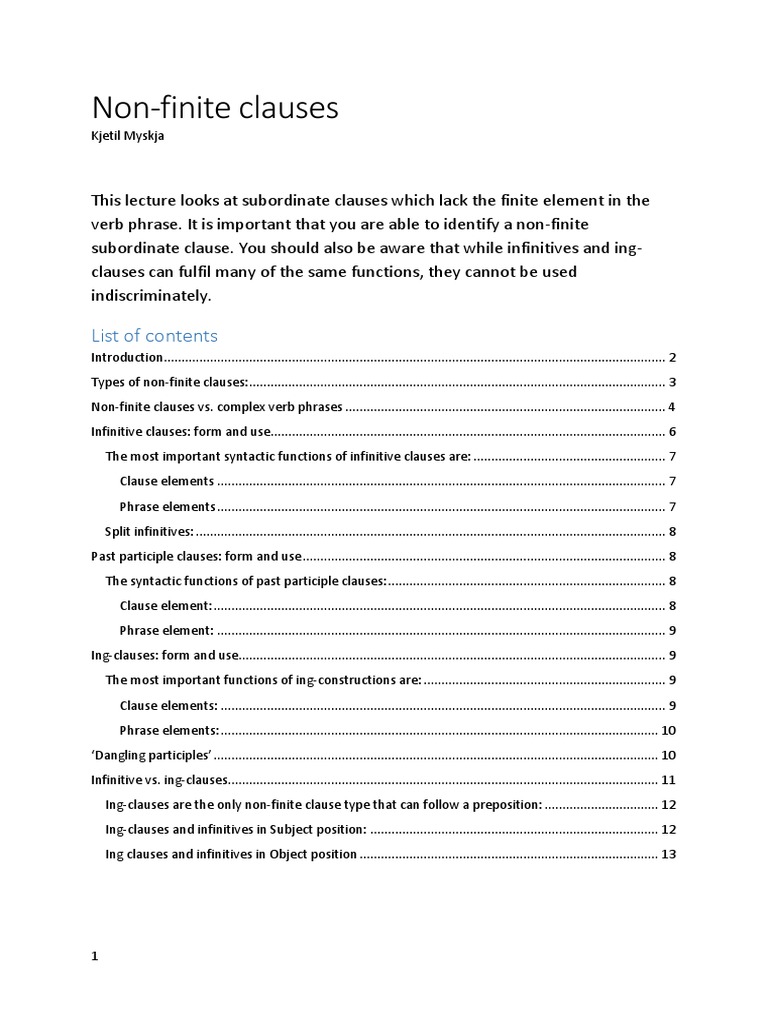Non-Finite Clauses: List of Contents | PDF | Clause | Phrase