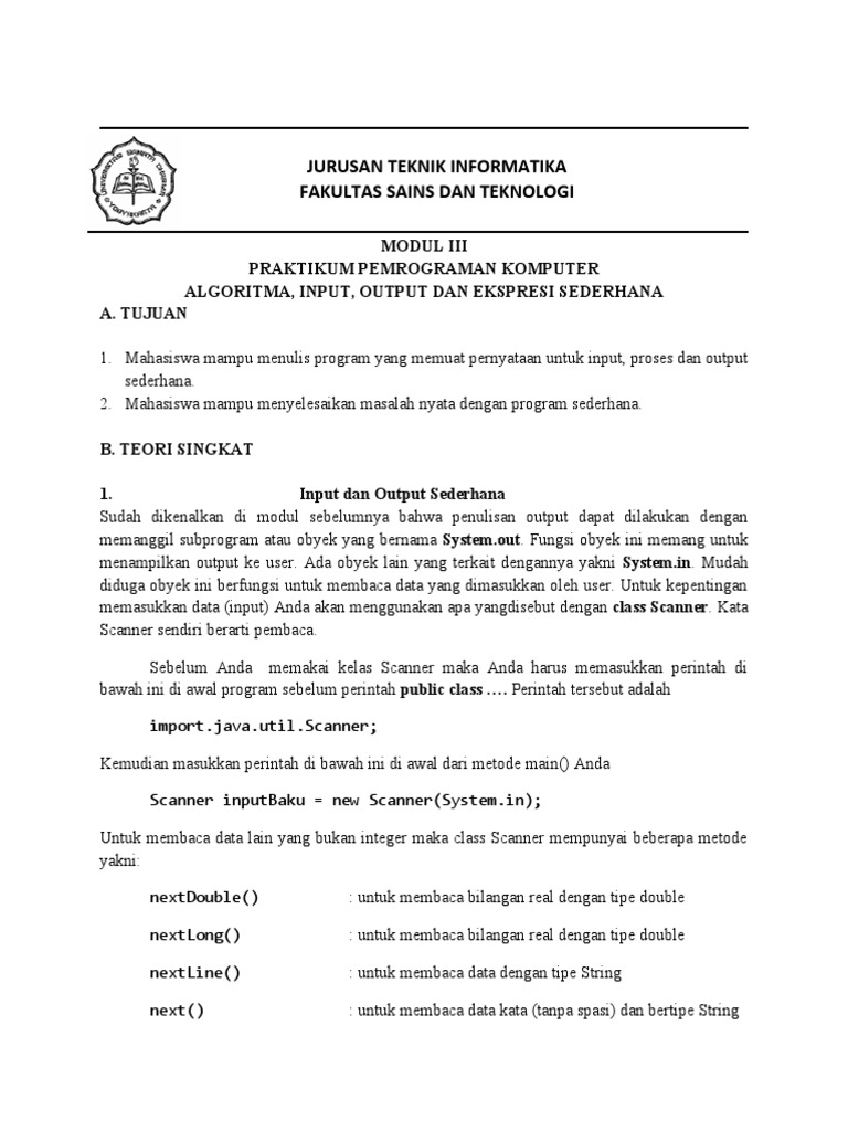 Praktikum Modul III Input, Ekspresi Dan Output Sederhana (Pertemuan 1 Dan 2) | PDF | Metode ...
