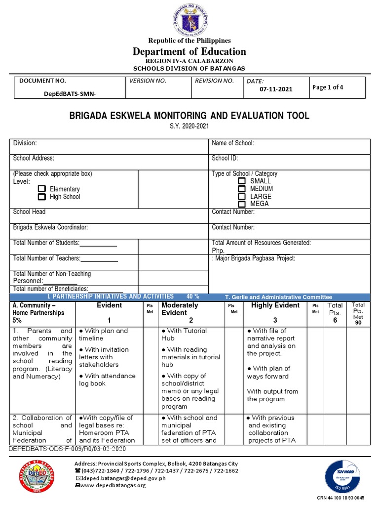 Department of Education: Brigada Eskwela Monitoring and Evaluation Tool | PDF | Teachers ...
