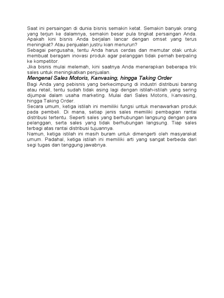 Definisi Da Job Desk Tekhnik Sales Motoris | PDF