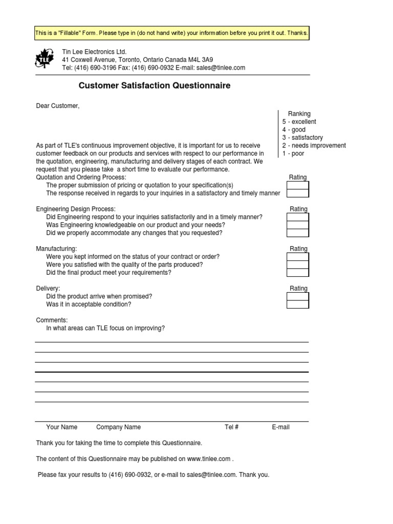 Sample Customer Satisfaction Questionnaire | PDF | Business | Business ...