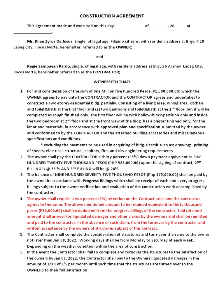 Construction Agreement Camangaan LC | PDF | Employment | Economies