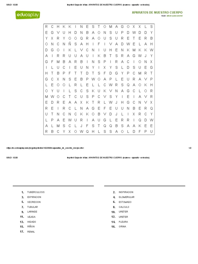 Imprimir Sopa de Letras - APARATOS DE NUESTRO CUERPO (Examen - Aparato ...