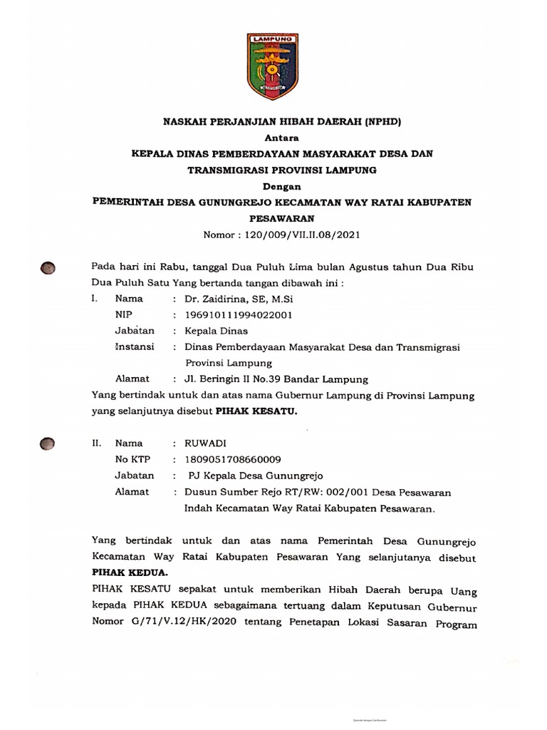 Naskah Perjanjian Hibah Daerah (NPHD) Smart Village | PDF