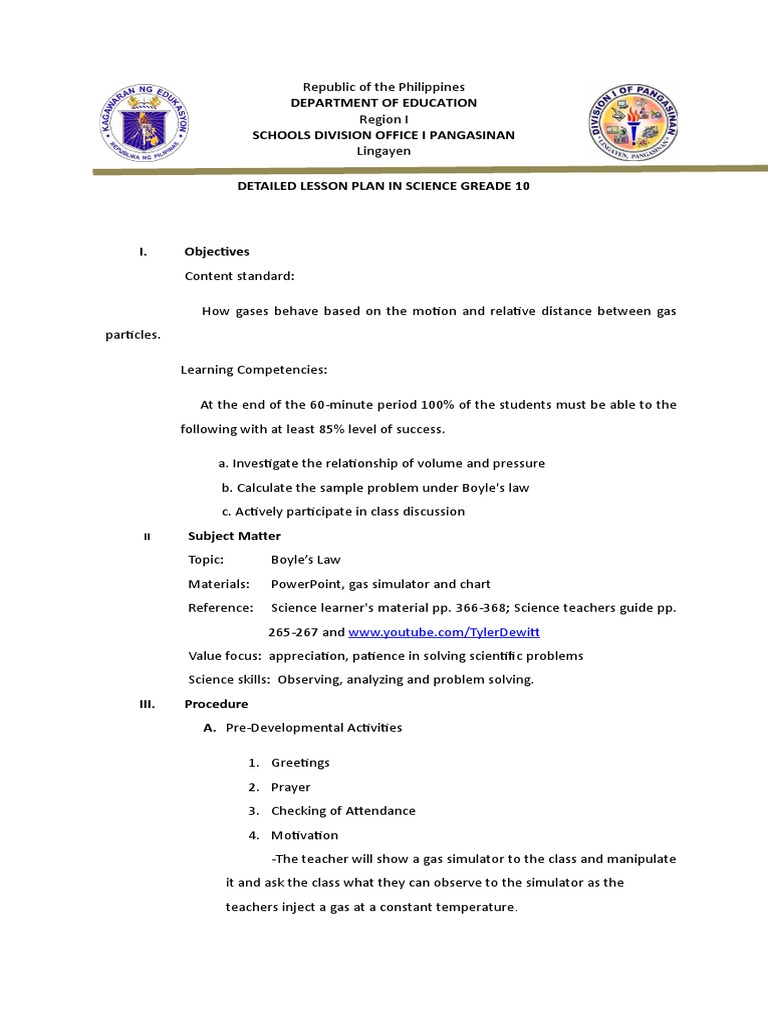 Semidetailed Lesson Plan Boyle's Law Jhs | PDF | Gases | Pressure