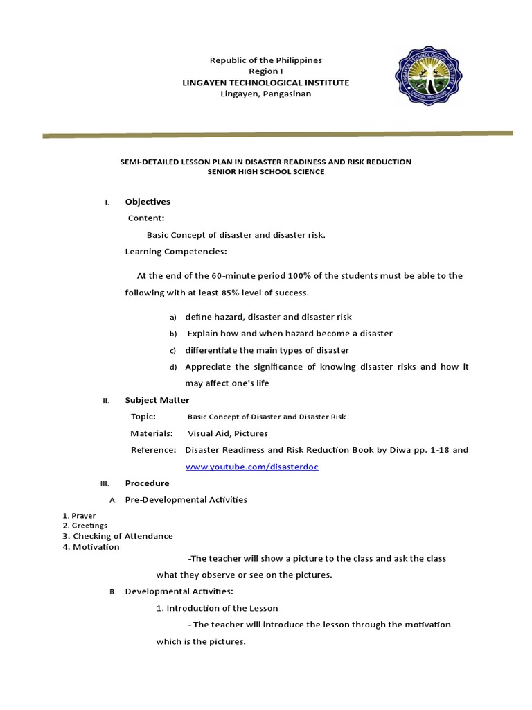 Lesson Plan Shs - DRRR | PDF | Hazards | Risk