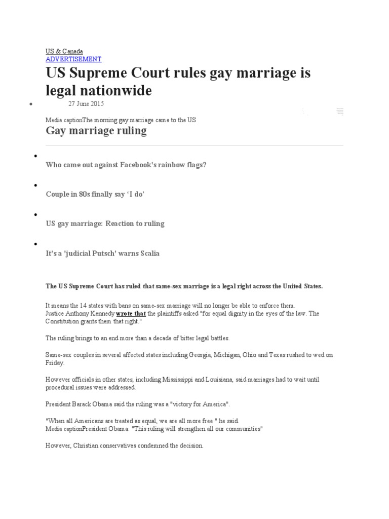 Us Supreme Court Rules Gay Marriage Is Legal Nationwide Pdf Same